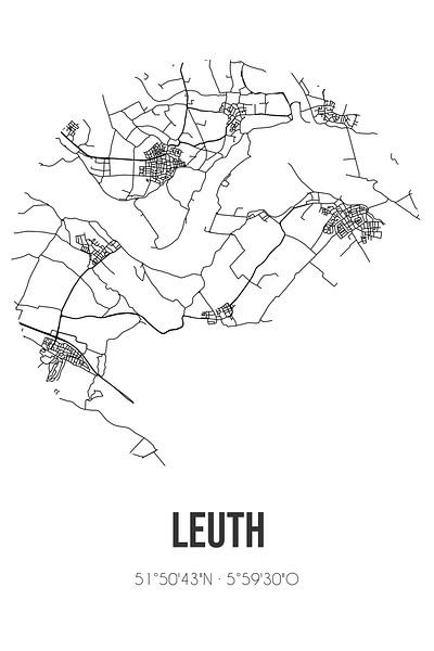 Leuth (Gelderland) | Landkaart | Zwart-wit van MijnStadsPoster op ...