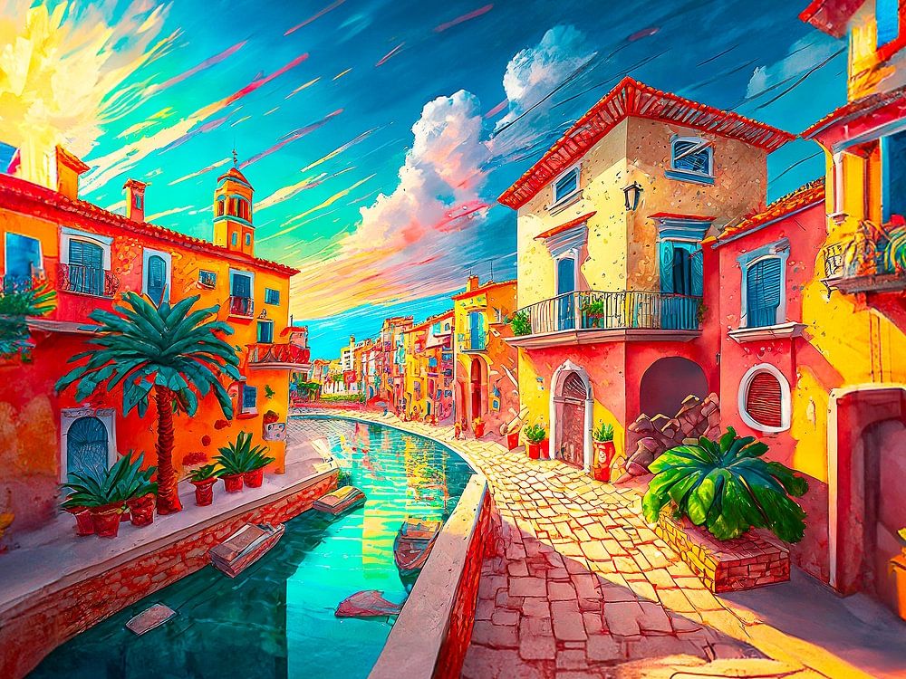 Spanje dorp met schilderij van Mustafa Kurnaz op canvas, behang en meer