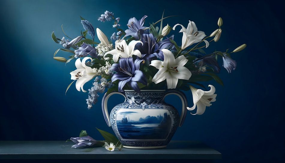 Klassieke Delfts blauwe vaas met Lelies en lisianthus van Sanne den ...