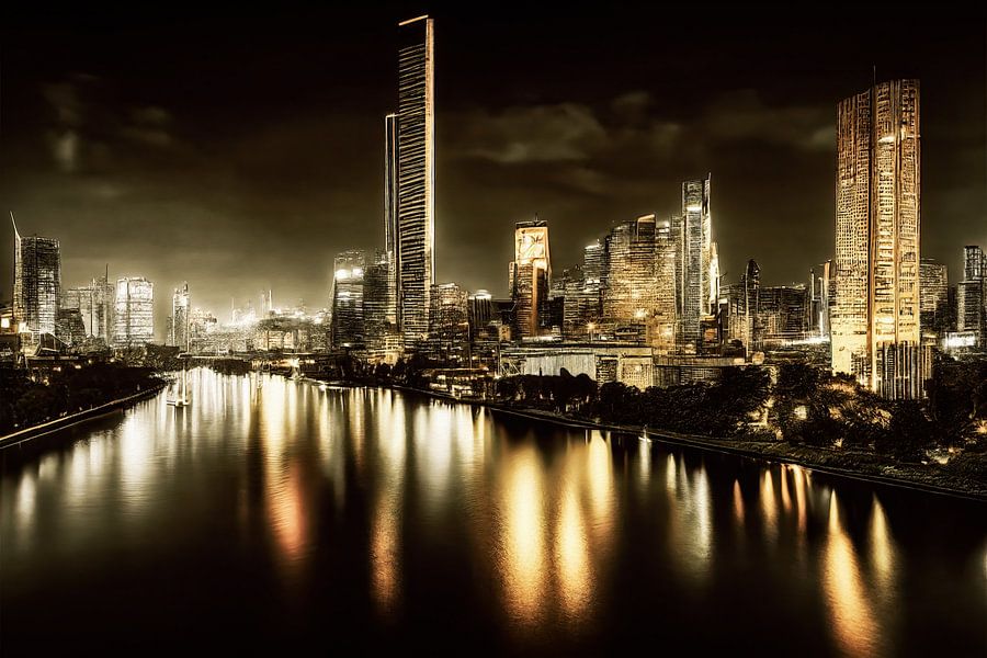 Moderne stad aan de rivier bij nacht van Max Steinwald op canvas ...