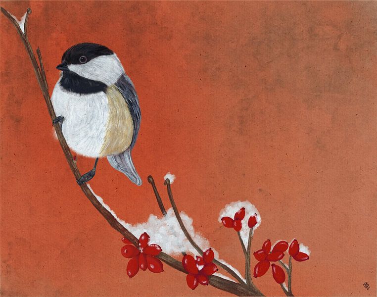 Koolmees op besneeuwde tak van Ingrid A.U. Motzheim op canvas, behang ...