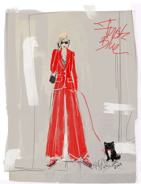 Mode schets F**K Blue van Go van Kampen op canvas, behang en meer