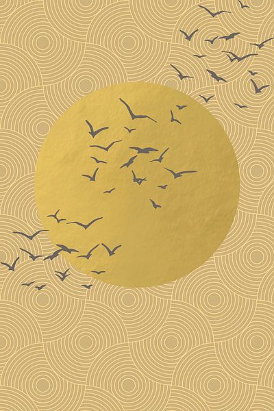 Japandi. Abstract landschap met gouden zon en vogels op Japans patroon in okergeel van Dina ...