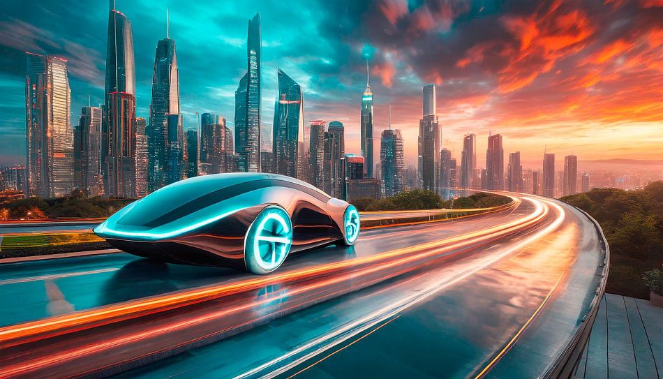 Elektrische auto in de toekomst van Mustafa Kurnaz op canvas, behang en meer
