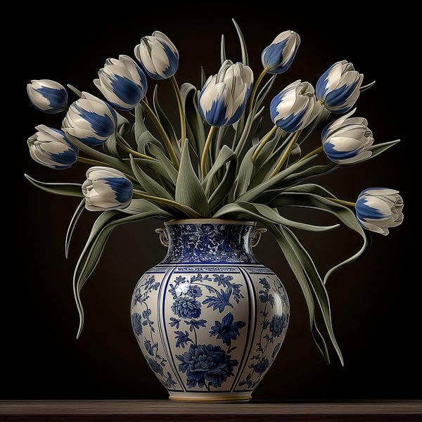 Delfts blauwe vaas met tulpen van Rene Ladenius Digital Art op canvas ...