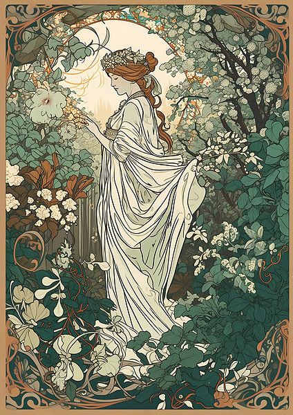 Woman in lush garden, Alphonse Mucha style by Jan Bechtum on canvas ...