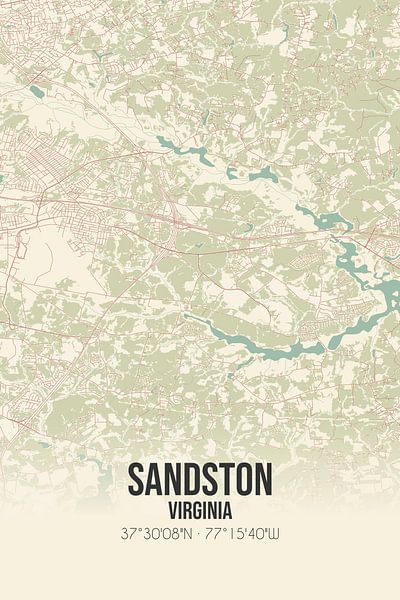 Vintage landkaart van Sandston (Virginia), USA. van Stad & Wand op ...