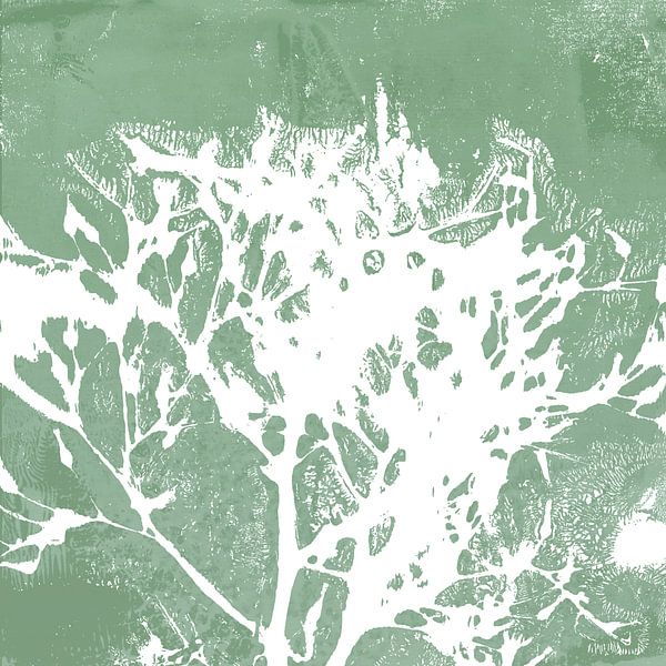 Botanische kunst in Japandi stijl. Blad in mintgroen en wit van Dina Dankers op canvas, behang ...