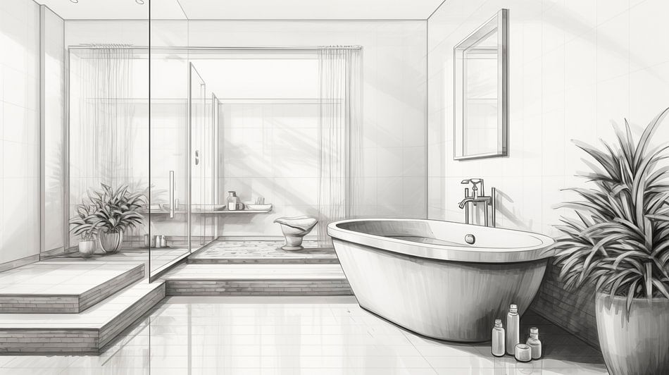 Plan a bathroom with a bath and shower drawing, a vintage-style ...