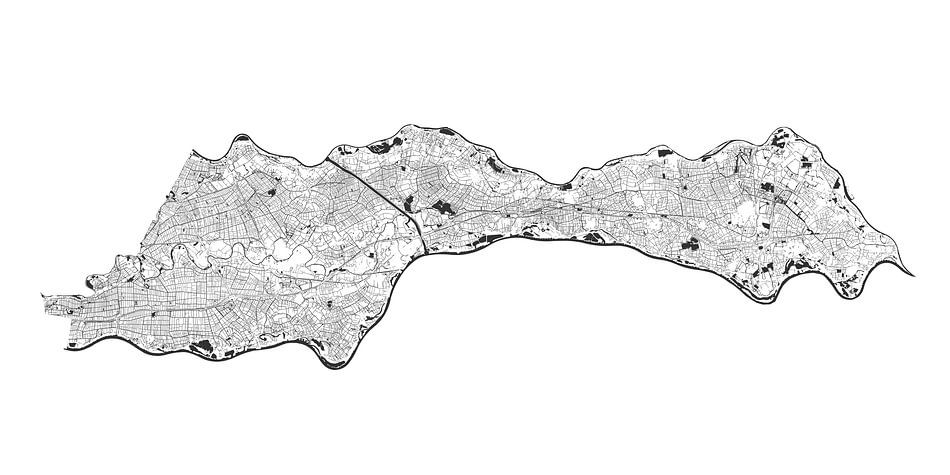 Waterkaart van de Betuwe in Zwart-Wit van Maps Are Art op canvas ...