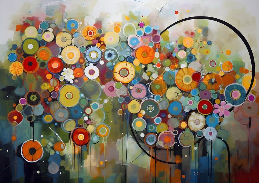 Kleurrijk abstract van cirkels en bloemen van Jan Bechtum op canvas ...