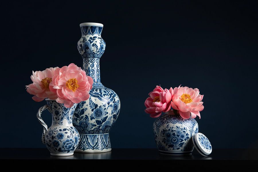 Still life with delft blue and peonies by Elles Rijsdijk on canvas ...
