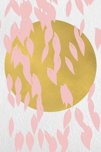 Japandi. Abstracte botanische bladeren in pastelroze met gouden zon op wit van Dina Dankers op ...