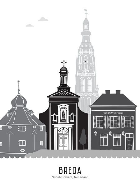 Skyline illustration city of Breda black-white-grey by Mevrouw Emmer on ...