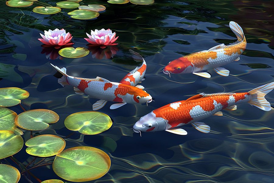 Koi karpers vissen in een vijver van Egon Zitter op canvas, behang en meer