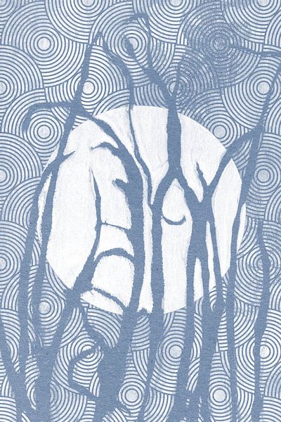 Ikigai. Blauw gras en maan. Abstracte minimalistische Zen kunst. Japandi stijl I van Dina ...