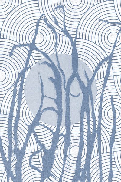 Ikigai. Zon en gras. Abstracte Zen kunst. Japanse stijl in blauw en wit II van Dina Dankers op ...