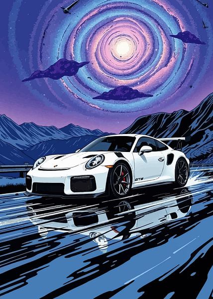 White Porsche 911 GT3 RS and Galaxy by MIROKKU on canvas, poster ...