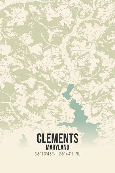 Vintage landkaart van Clements (Maryland), USA. van MijnStadsPoster op ...