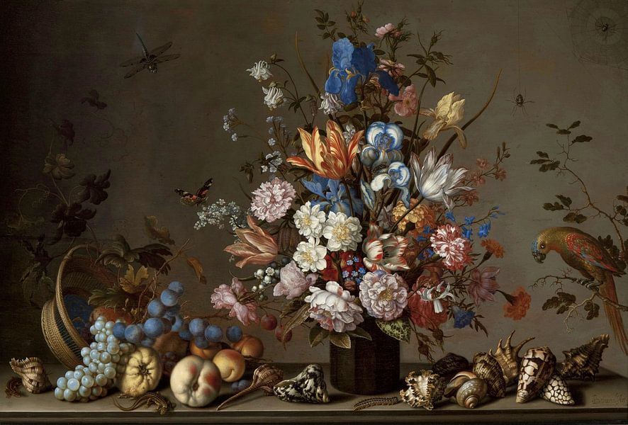 Balthasar van der Ast, Stillleben mit Obstkorb, eine Vase mit Blumen ...
