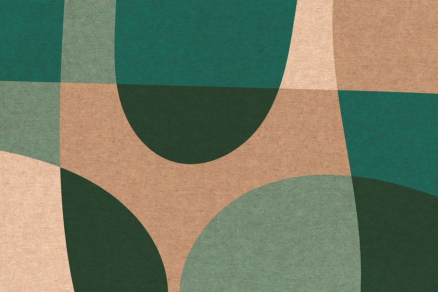 Moderne kunst in retrostijl. Abstracte organische vormen in groen en beige nr. 1 van Dina ...