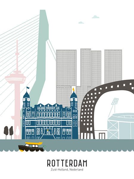 Skyline illustratie stad Rotterdam | Feijenoord | Kuip in kleur van ...