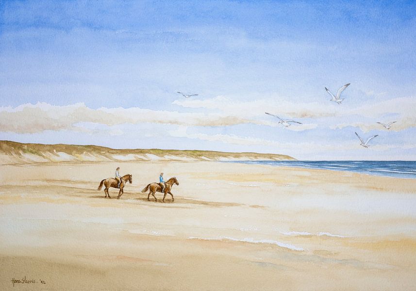 Twee ruiters op het strand van Texel. Aquarel landschap. van Galerie ...