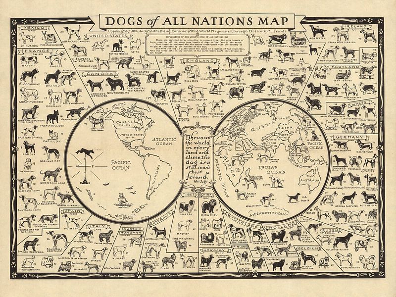 Dogs of All Nations Map van World Maps op canvas, behang en meer