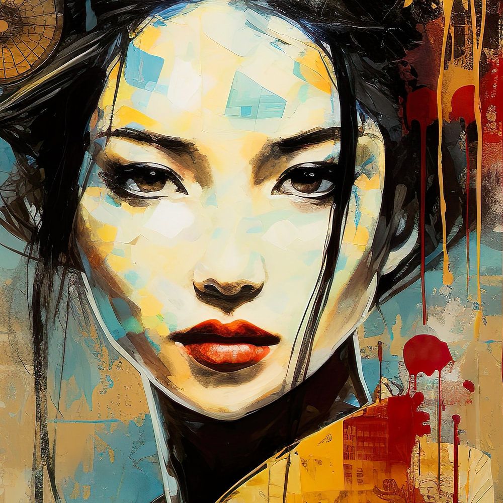 Abstract moderne Geisha in bordeaux rood en oker geel van Lauri Creates ...
