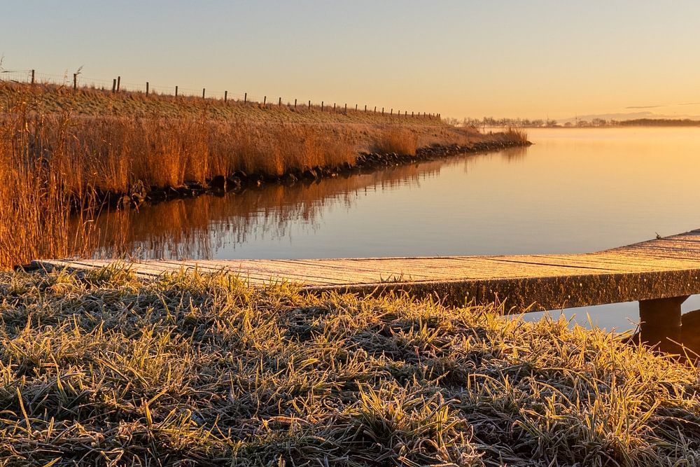 Steiger Amstelmeer in gouden zonlicht na nachtvorst van Bram Lubbers op ...