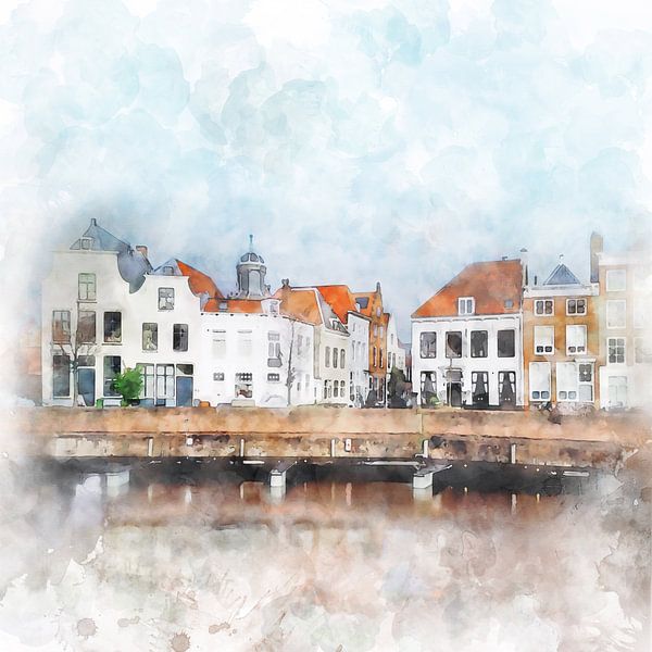 Watercolour painting of the Rotterdamsekaai in Middelburg, Zeeland by ...