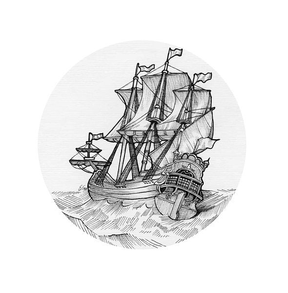 Zeilschip in de zee, met de hand getekende potlood tekening van InkoDef ...