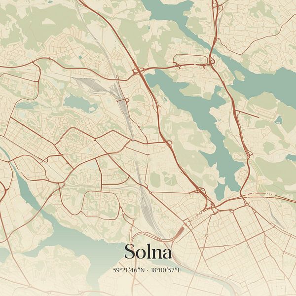 Vintage map of Solna, Sweden. by MyCityPoster on canvas, poster ...