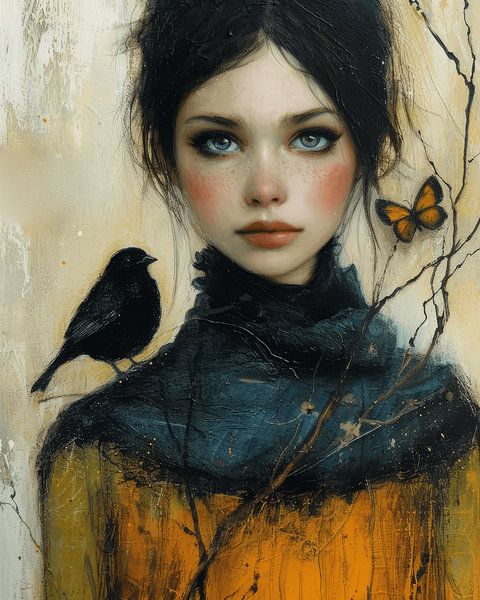 Modern portret van een meisje met een vogel en vlinder van Carla Van Iersel op canvas, behang en ...