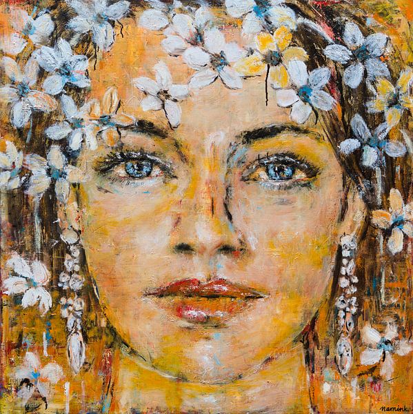 Lente | Portret vrouw met witte bloemen, schilderij van Anja Namink ...