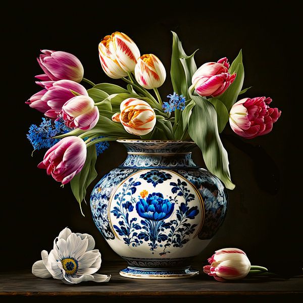 Klassieke vaas met tulpen van Vlindertuin Art op canvas, behang en meer
