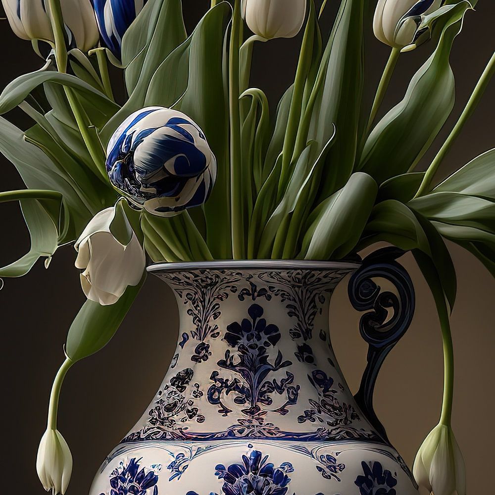 Delftsblauwe vaas met tulpen van Rene Ladenius Digital Art op canvas ...