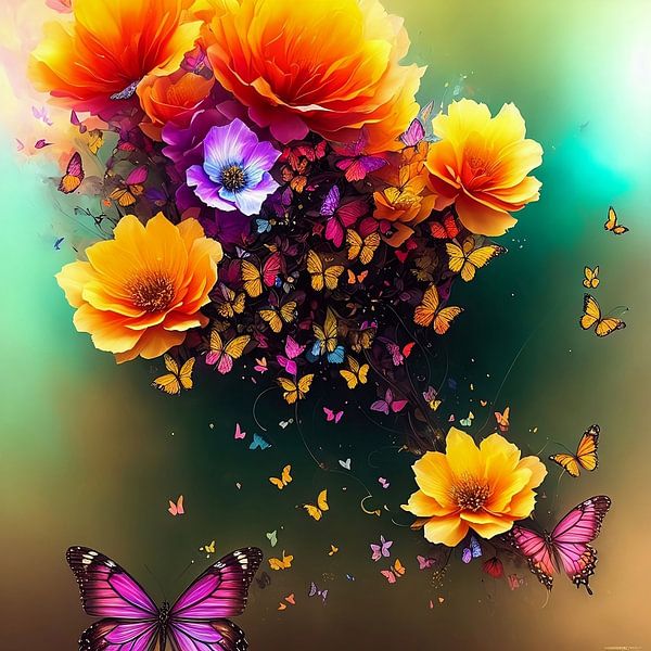 Bloemen en vlinders van Jan Bechtum op canvas, behang en meer