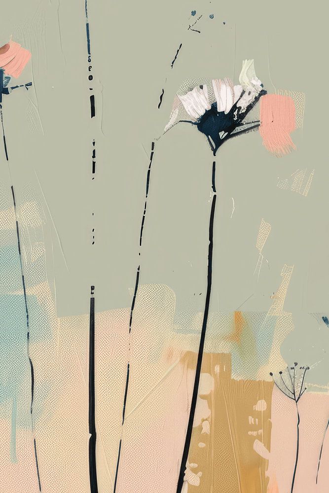 Botanische print in Japandi stijl, pastelkleuren van Japandi Art Studio op canvas, behang en meer