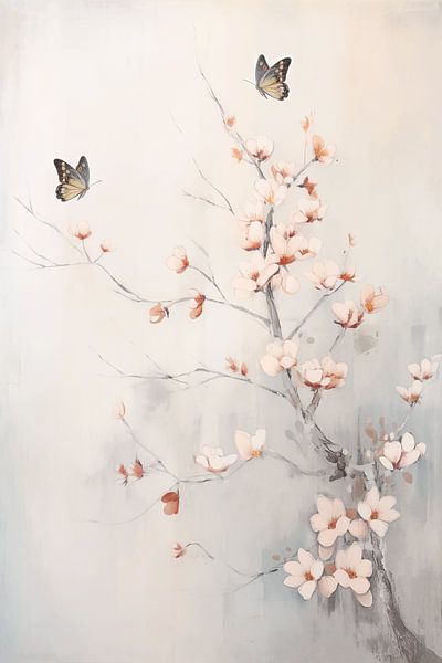 Japandi, Bloesemtak met Vlinder van Caroline Guerain op canvas, behang ...