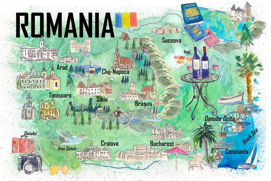 Romania Illustrated Travel Map with Roads and Tourist Highlights by ...