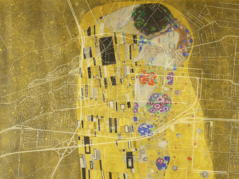 Kaart van Hoogeveen met de Kus van Gustav Klimt van Map Art Studio op canvas, behang en meer