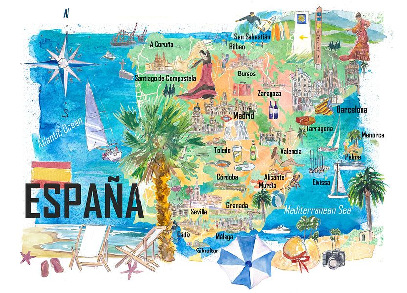 Spain illustrated map with main roads and highlights by Markus ...