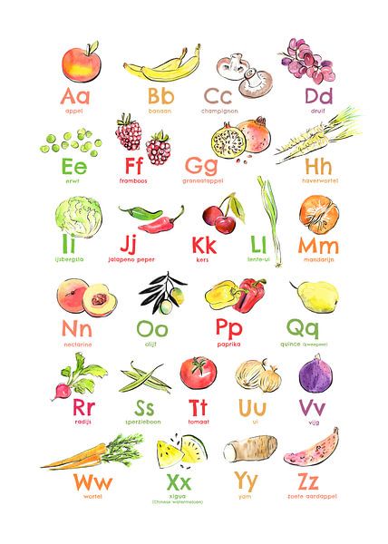 Affiche alphabétique fruits et légumes par l'artiste Karin van der Vegt