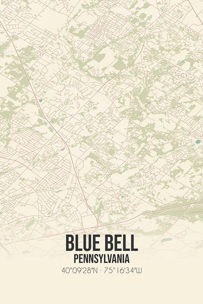 Vintage landkaart van Blue Bell (Pennsylvania), USA. van Stad & Wand op ...
