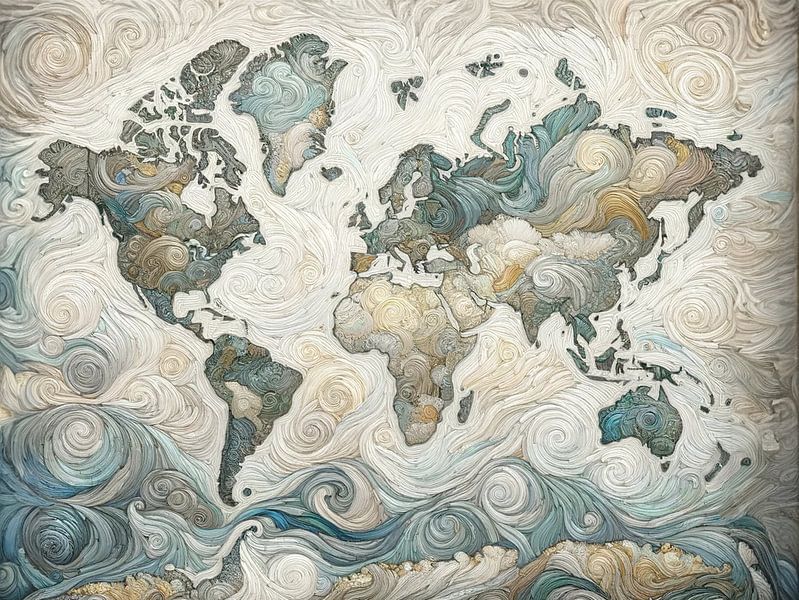 Impressionistic world map in light colours by Maps Are Art on canvas ...