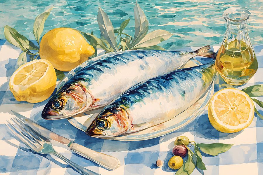 Mediterranean still life with sardines and lemon by Skyfall on canvas ...