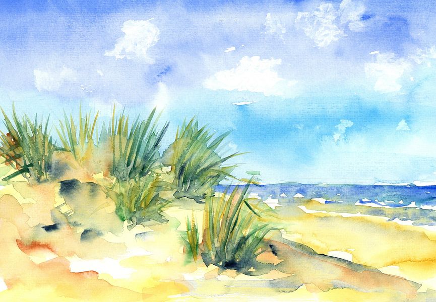 Beach Summer Watercolour Painting by Karen Kaspar on canvas, poster ...