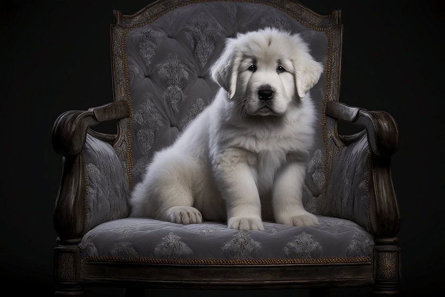 Pyrenese Berghond Puppy zit Prins heerlijk op Baroque stoel. van Karina ...