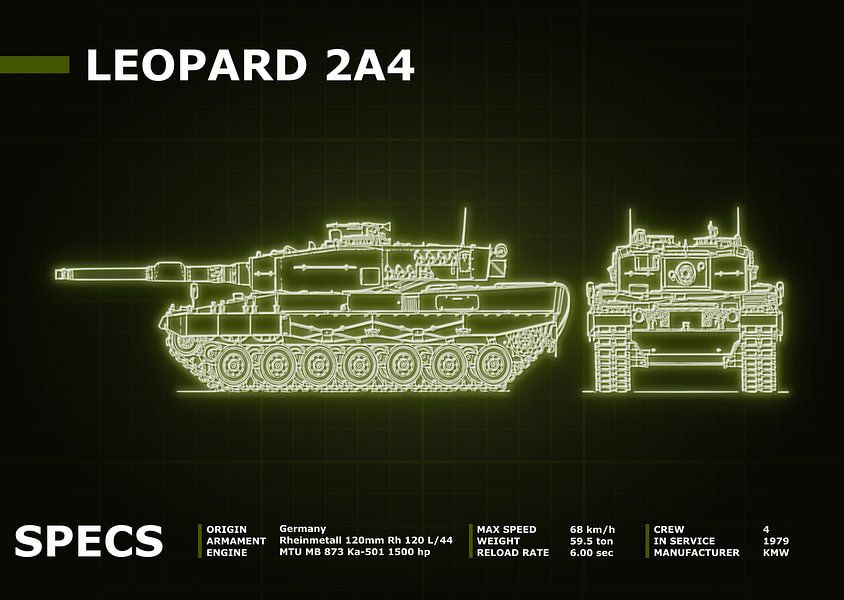 Leopard 2A4 Main Battle Tank Blueprint Gift Neon by Maldure - on canvas ...